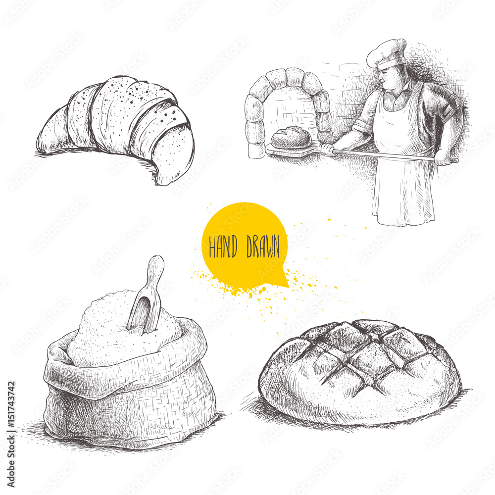 Hand drawn set bakery illustrations. Baker making fresh bread in stone ...