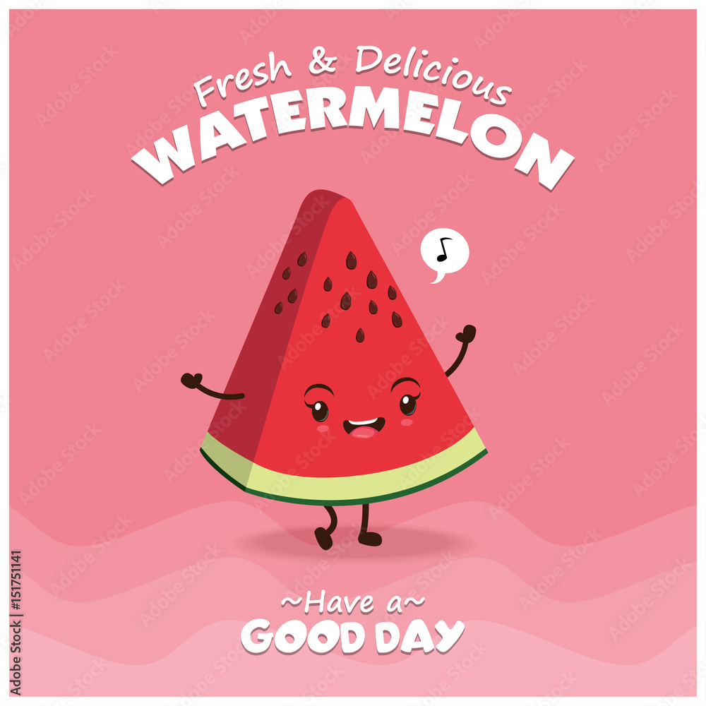 Vintage watermelon poster design with vector watermelon character ...