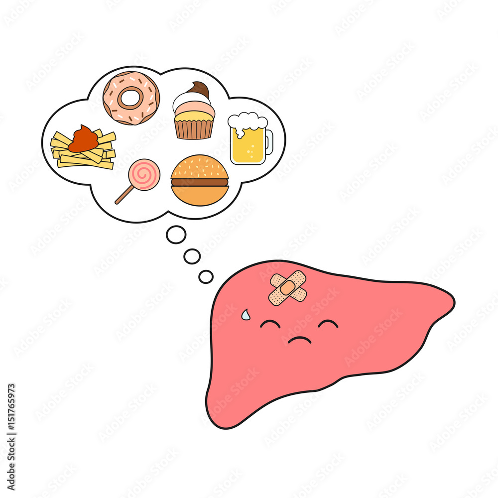 Cute and funny, unhappy and sick human liver character thinking junk ...