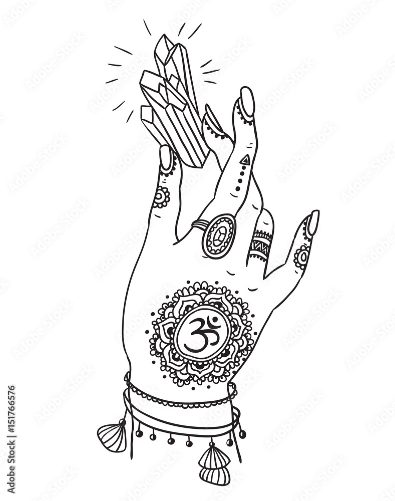 Woman hand is holding magic crystal. Vector illustration isolated ...
