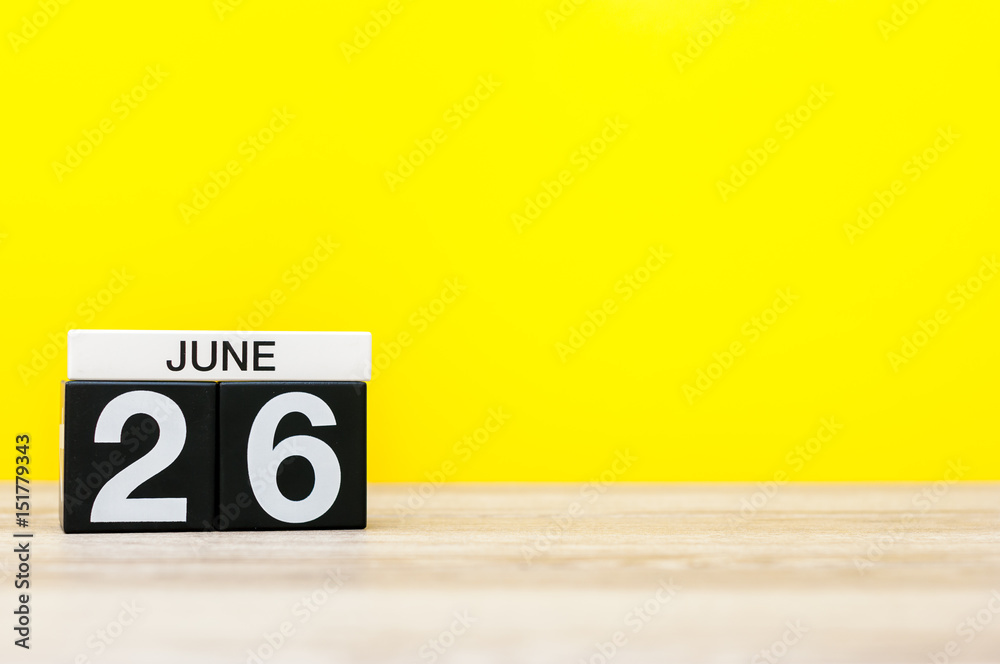June 26th. Day 26 of month, calendar on yellow background. Summer day ...