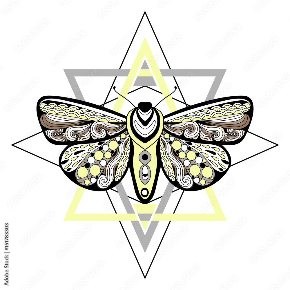 Hand drawn moth composition with sacred geometry. Tribal template in ...