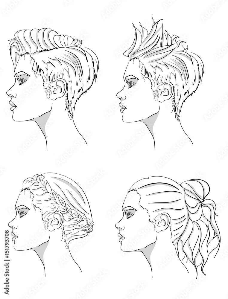 A set of different types of female hairstyles and styling on hair ...