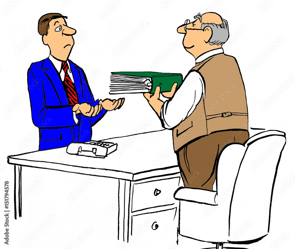 Business cartoon illustration of a boss handing a worker a huge binder ...