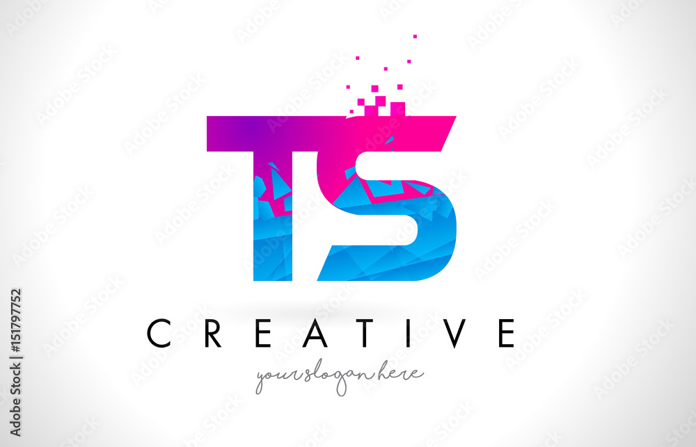 TS T S Letter Logo with Shattered Broken Blue Pink Texture Design ...