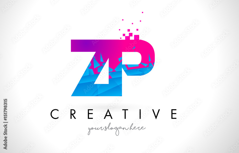 ZP Z P Letter Logo with Shattered Broken Blue Pink Texture Design ...