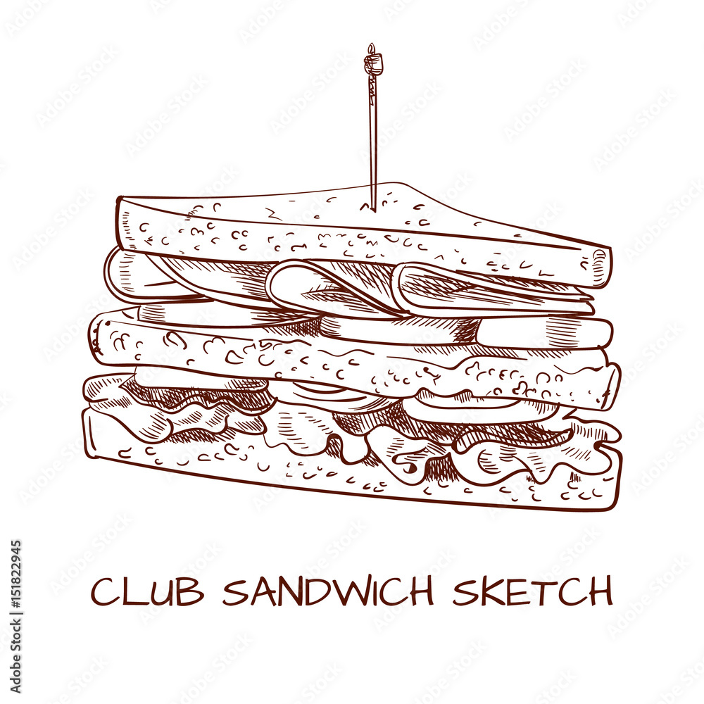 Club sandwich outline drawing. VECTOR sketch. Black lines Stock Vector ...