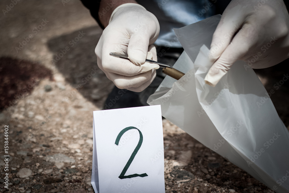 The crime scene, murder, investigation, sleeves shots serve as evidence ...