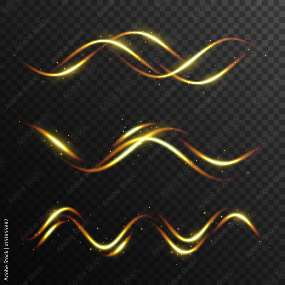 Gold glitter wave set. Transparent vector light effect. Abstract ...