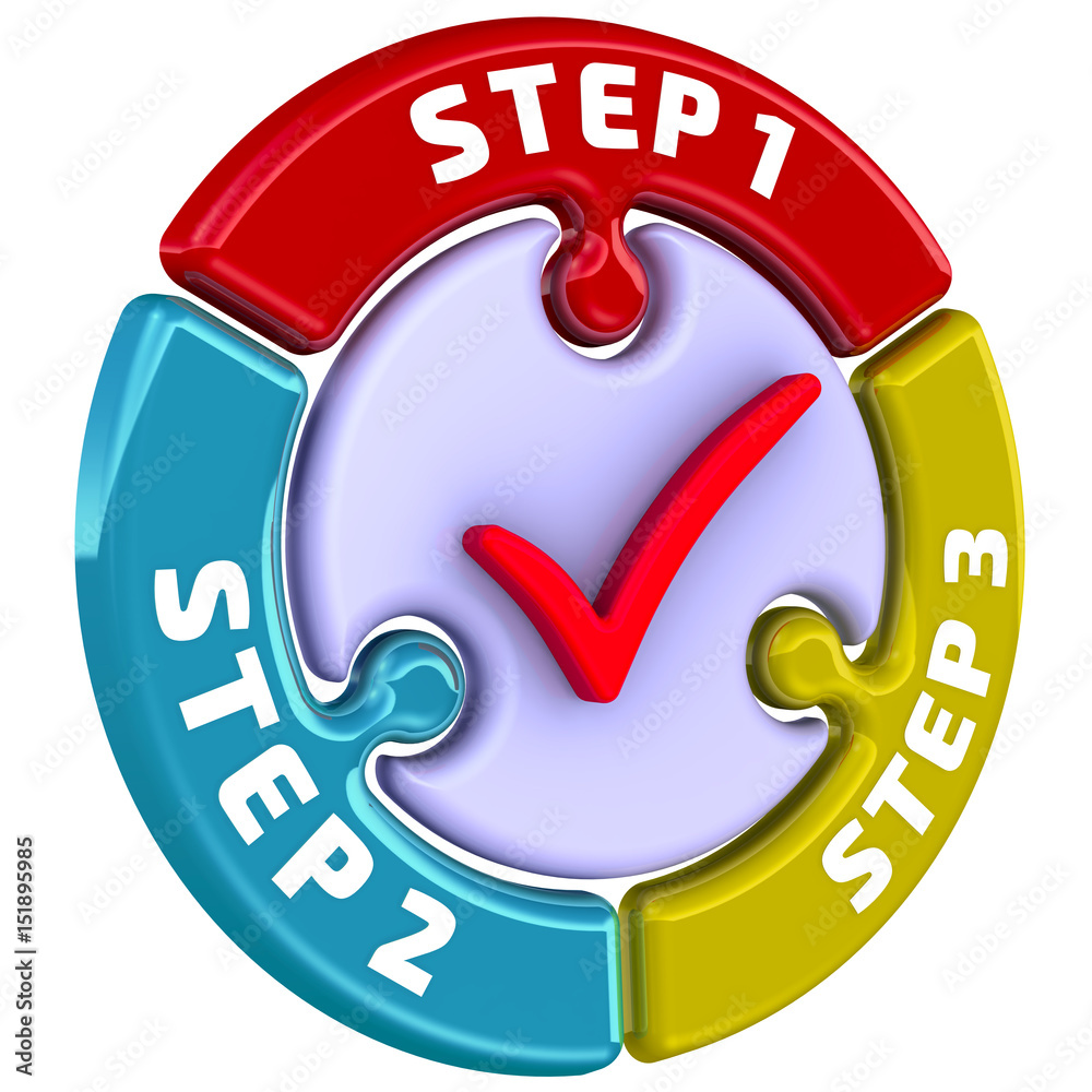 Step 1, Step 2, Step 3. The check mark in the form of a puzzle Stock ...