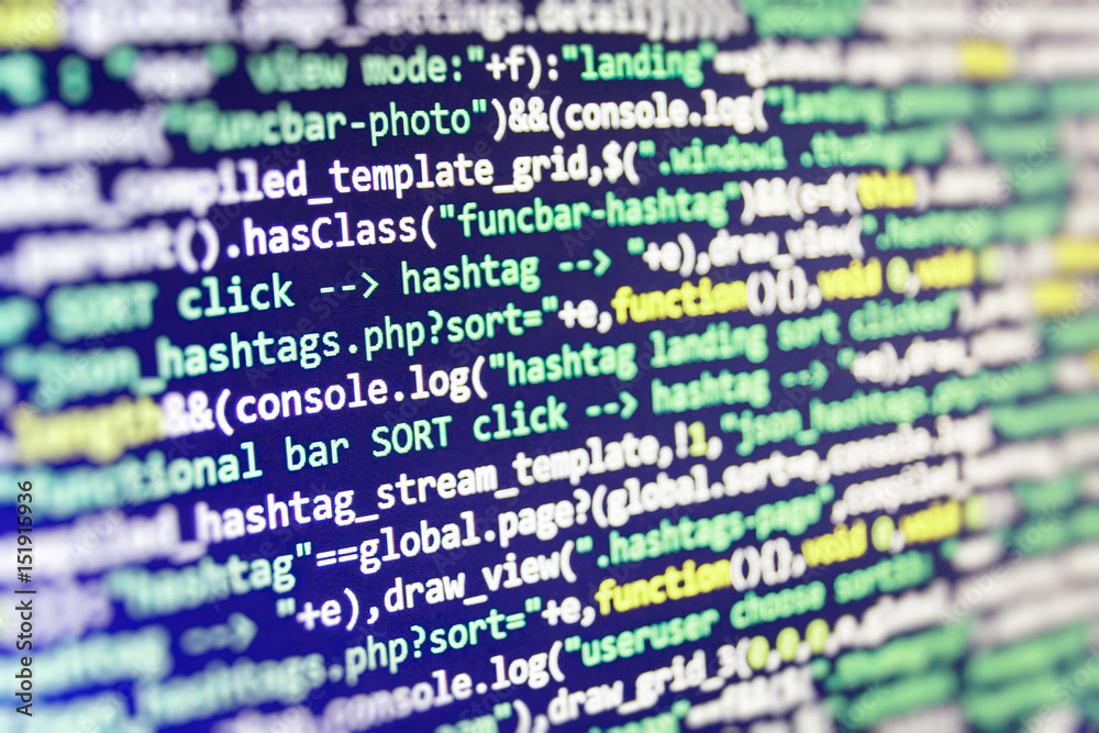 Coding script text on screen. New technology revolution. Young business crew working with ...