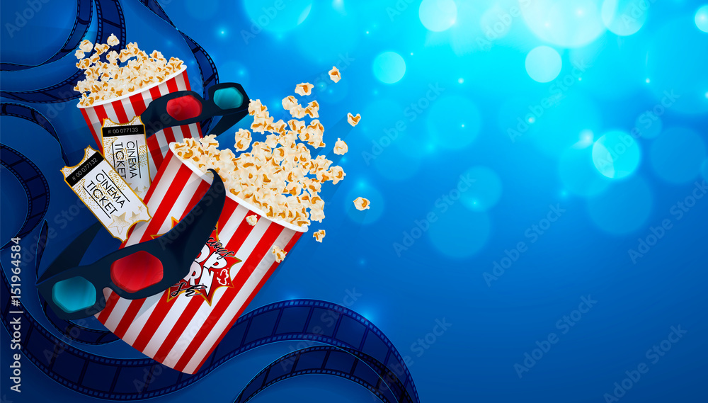 Set of popcorn, 3d glasses, cinema ticket. Drawn vector illustration ...