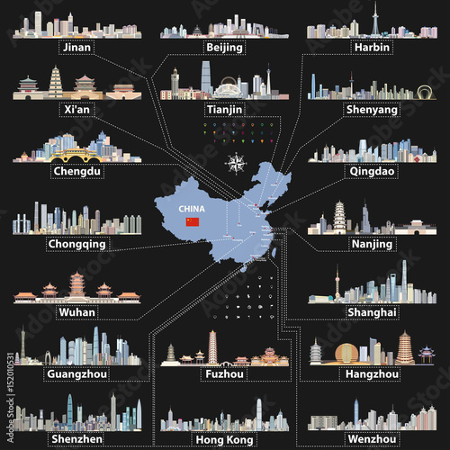 vector China map with largest chinese city skylines Stock Vector ...