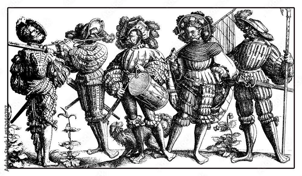Lansquenet formidable and colorful mercenary soldiers on foot with drum ...