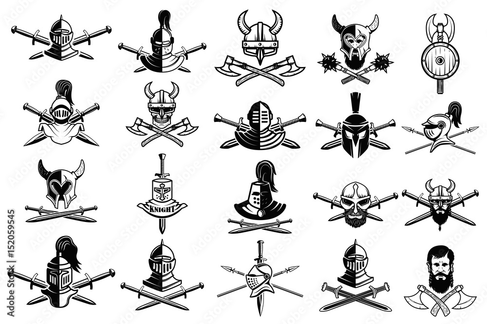 knight logo set. Skull in horned helmet, crossed axes, crossed swords ...