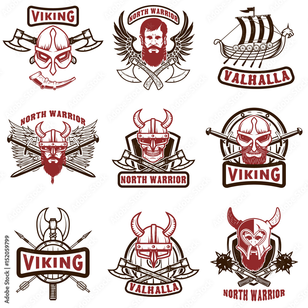 Set of vintage viking labels. Viking warrior in horned helmet, with ...