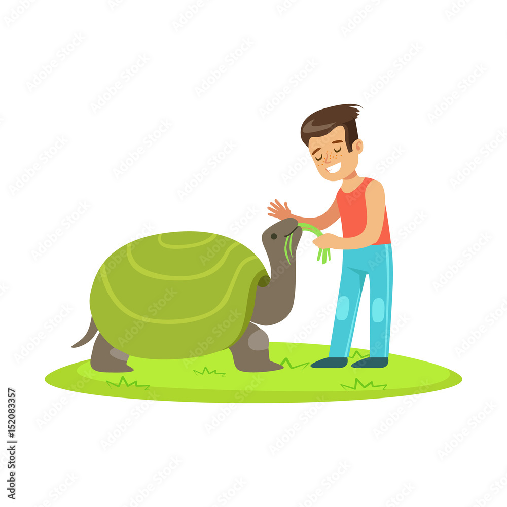 Happy little girl feeding with grass a huge turtle outdoor. Colorful ...