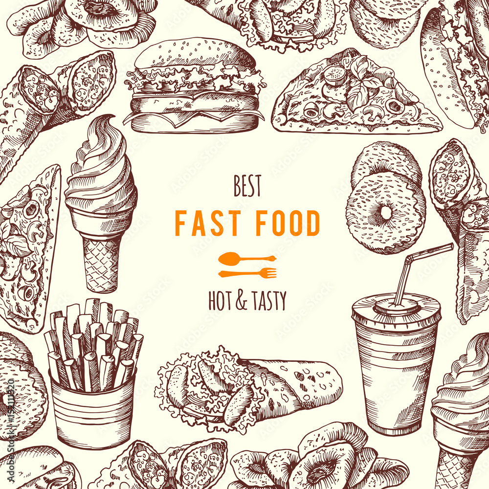 Hand drawn fast food background illustration. Vector pictures Stock ...