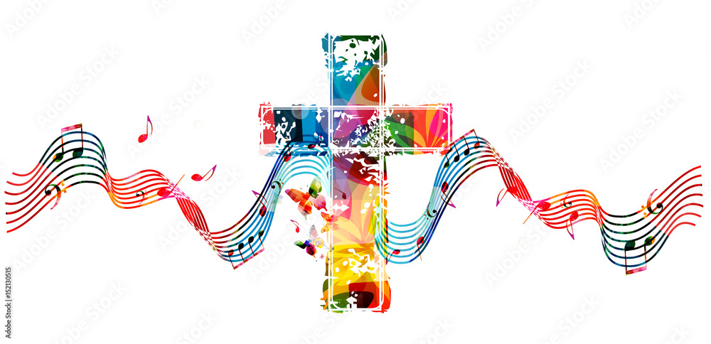 Colorful christian cross with stave and music notes isolated vector ...
