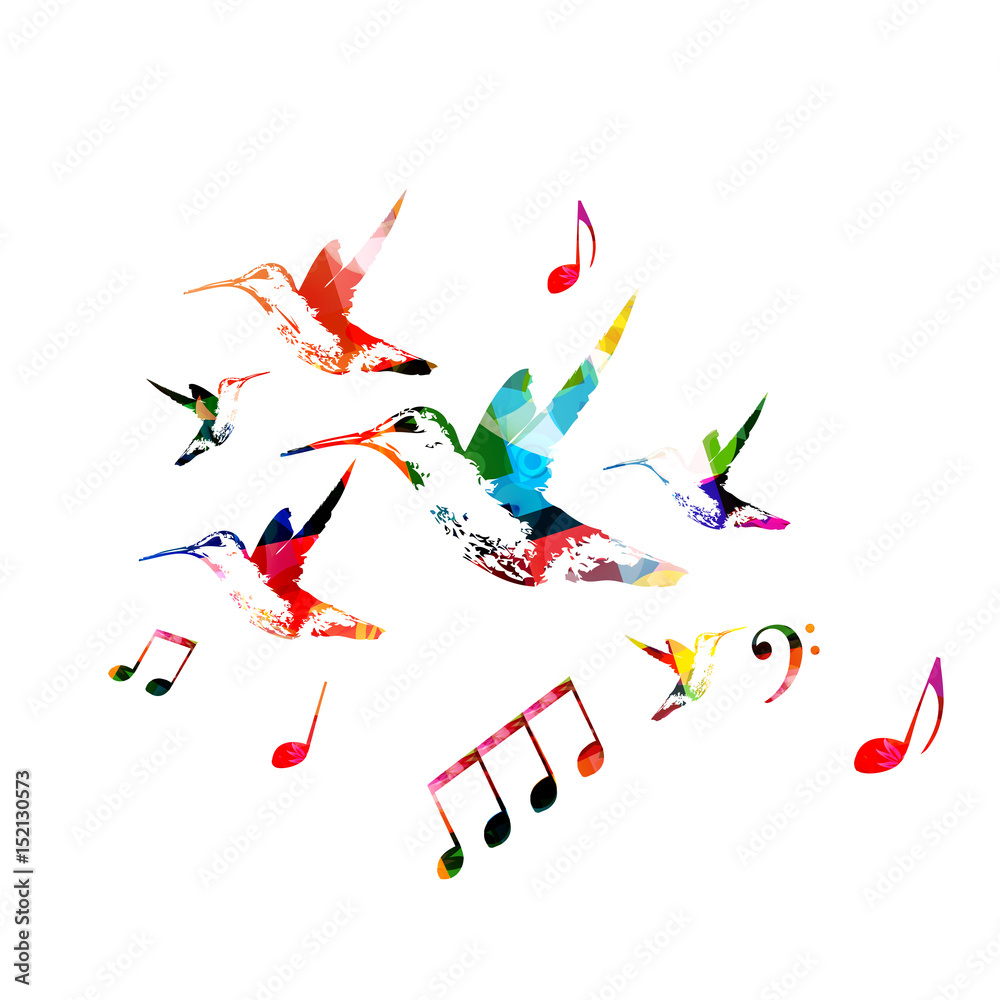 Colorful hummingbirds with music notes isolated vector illustration ...
