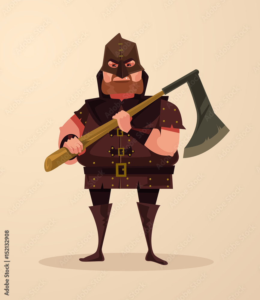 Medieval executioner angry man character hold ax. Vector flat cartoon ...