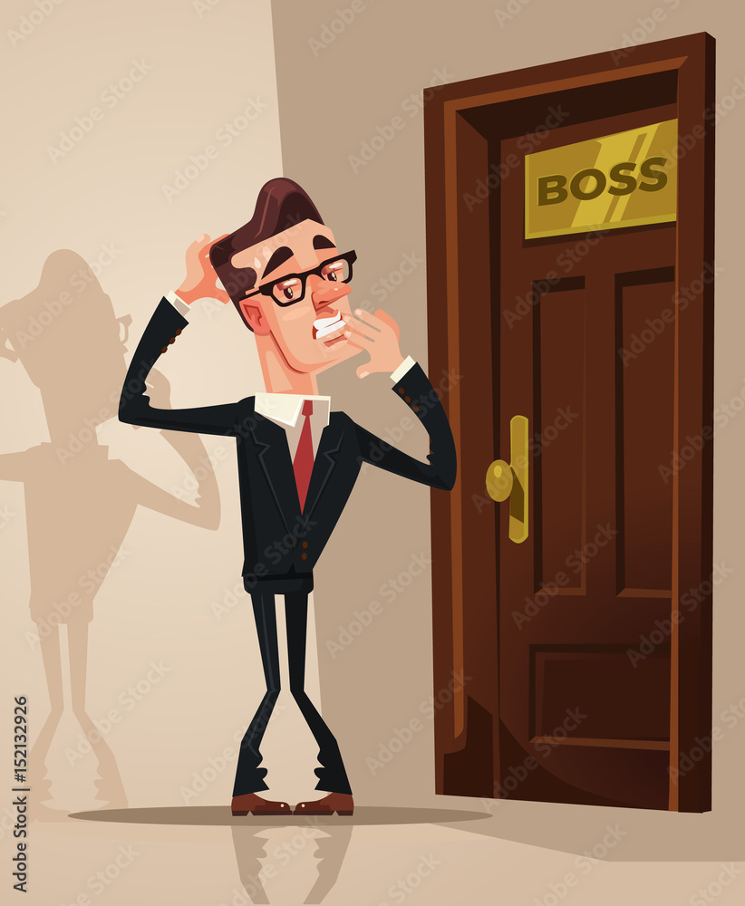 Scared frightened office worker man afraid enter boss office. Vector ...