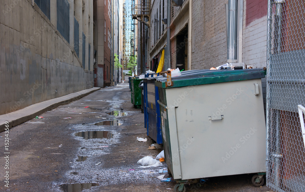 Foto de Dirty filthy back alley with dumpsters, old trash, awful ...