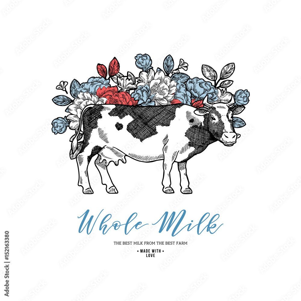 Farm cow with flowers design template. Cow illustration. Vector ...