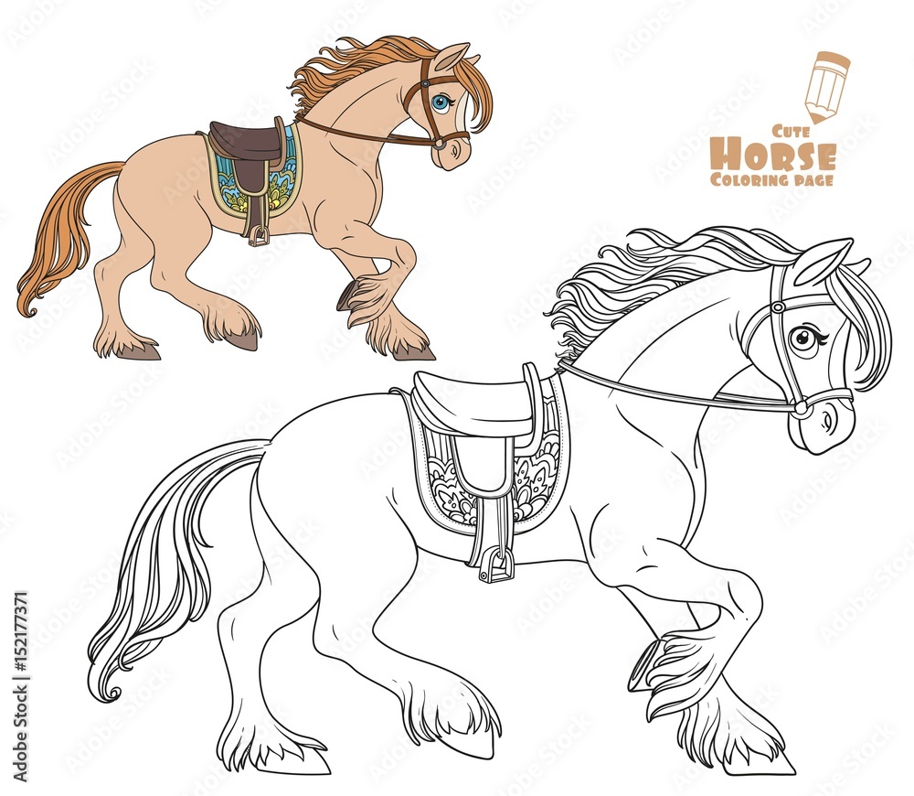 Cute cartoon horse harnessed in a harness runs forward coloring page on ...