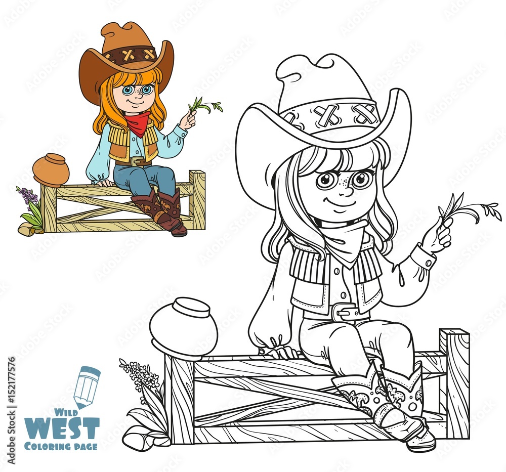 Cute girl in a cowboy costume sits on a fence coloring page on a white ...