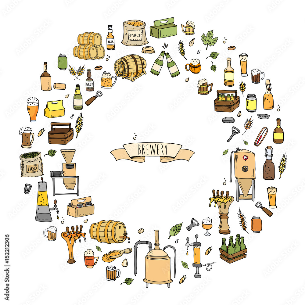 Hand drawn doodle set of Brewery icons. Vector illustration set ...