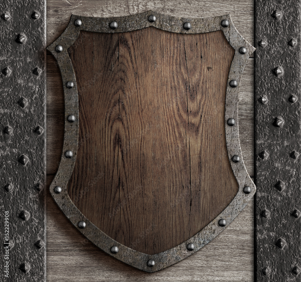 medieval wooden shield on castle gate 3d illustration Stock ...