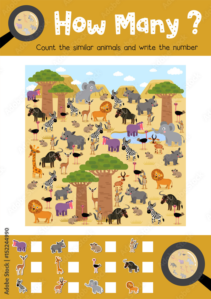 Counting game of african animals for preschool kids activity worksheet ...