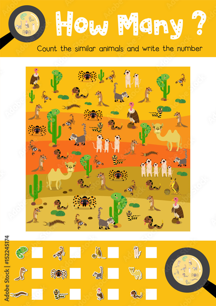 Counting game of desert animals for preschool kids activity worksheet ...