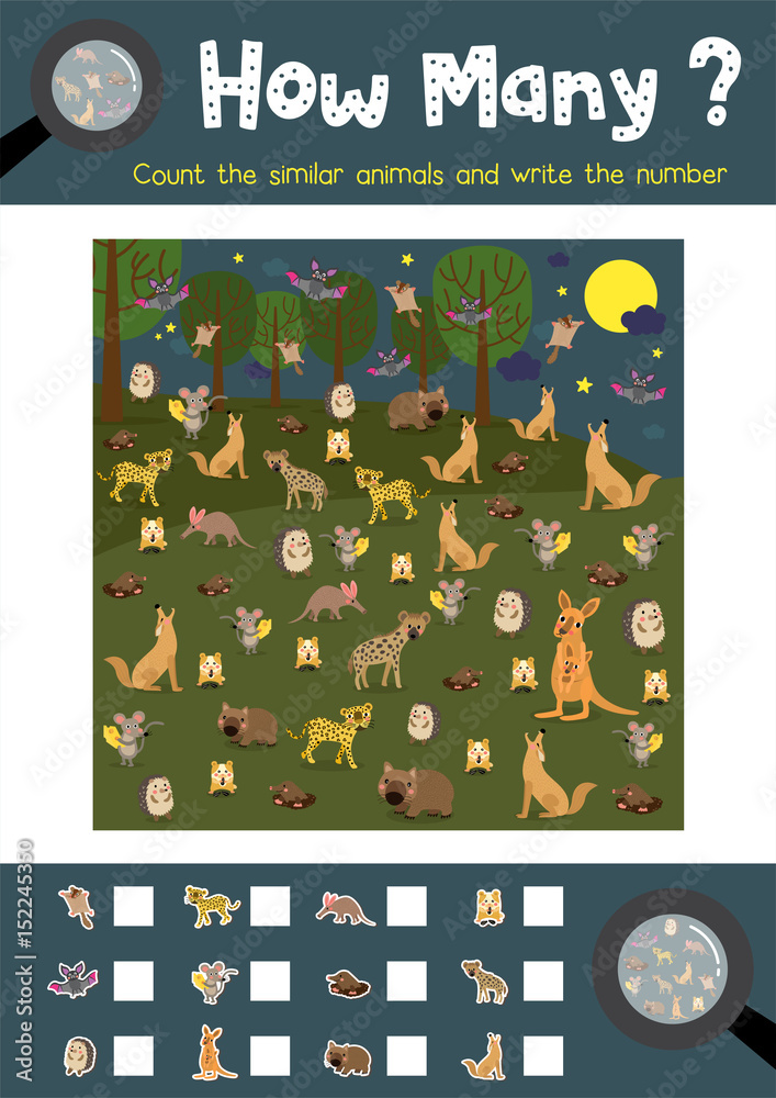 Counting game of nocturnal animals for preschool kids activity ...