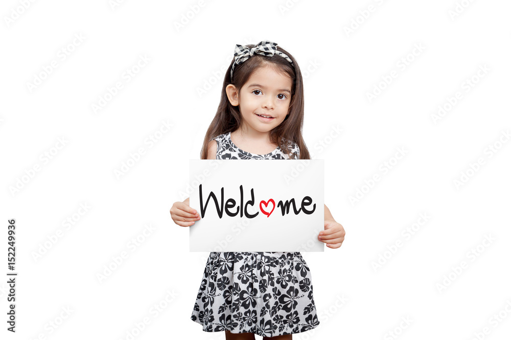 Business welcome concept, Cute girl holding a welcome sign standing on ...