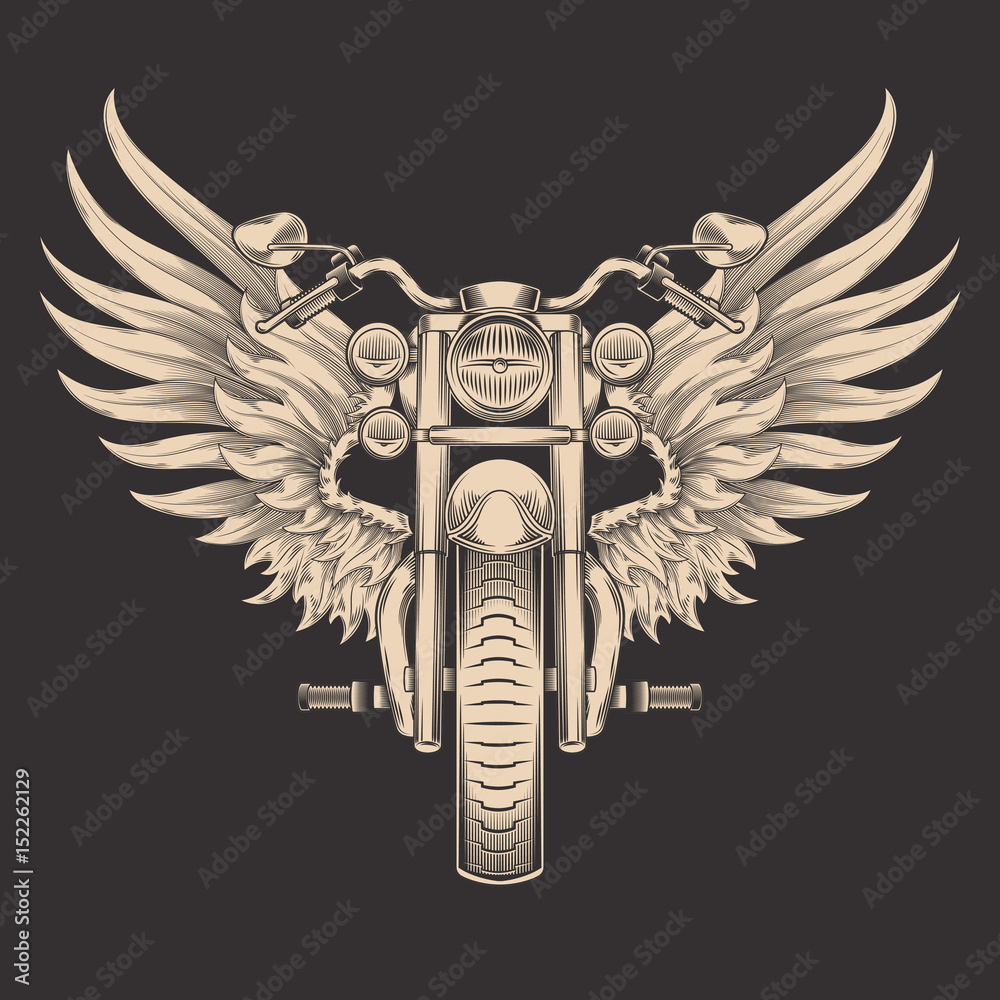 Vector monochrome illustration of motorcycle with wings. Design element ...
