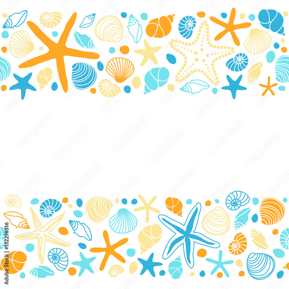 Cute summer background with different shells and starfishes as seamless ...