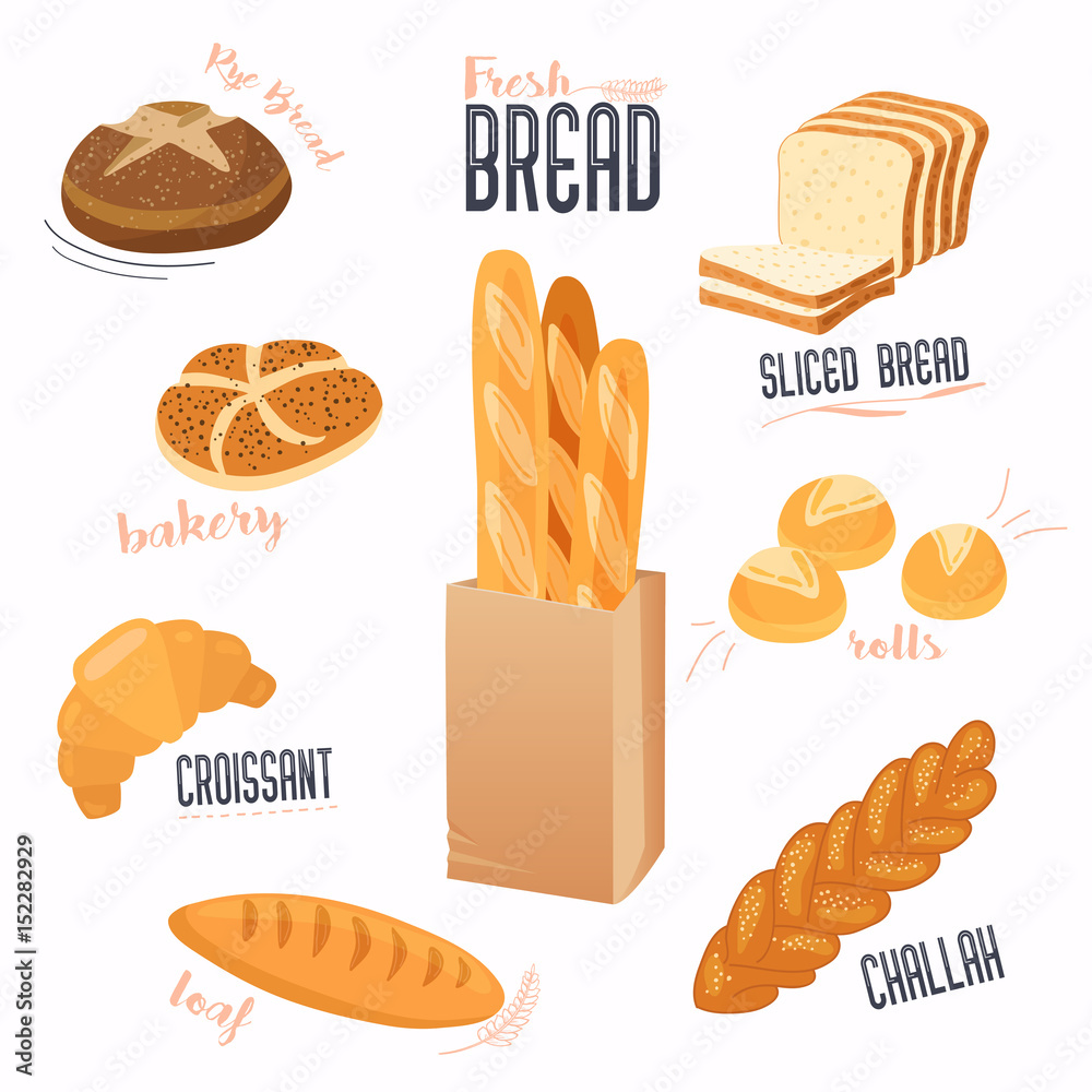 Set of cartoon food: bread, bread, buns, croissant, loaf. Vector ...