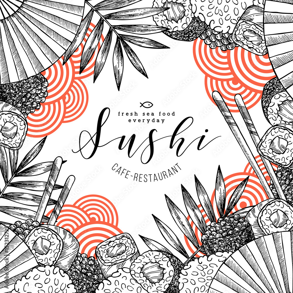 Sushi restaurant fun design template. Asian food background. Vector ...