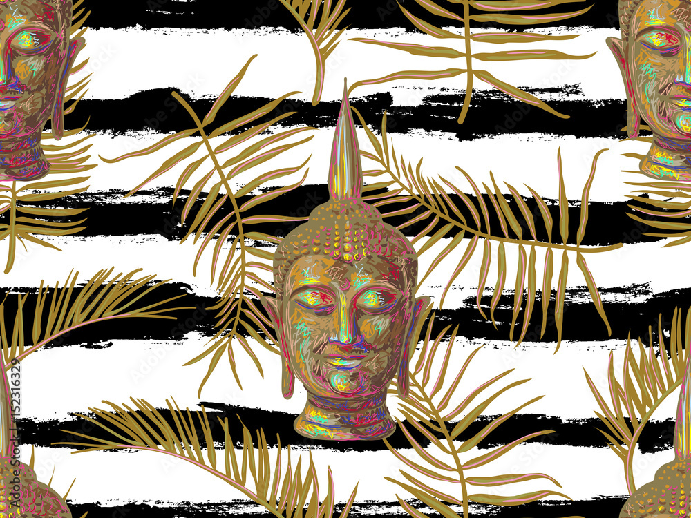 Seamless hippie pattern with Buddha head, palm leaves. Thai god, yoga ...