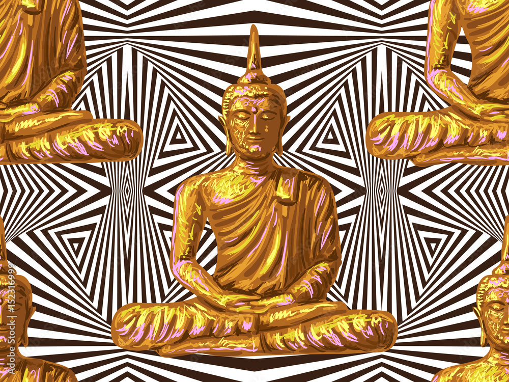 Seamless vintage hippie pattern with sitting Buddha. Thai god, yoga zen ...