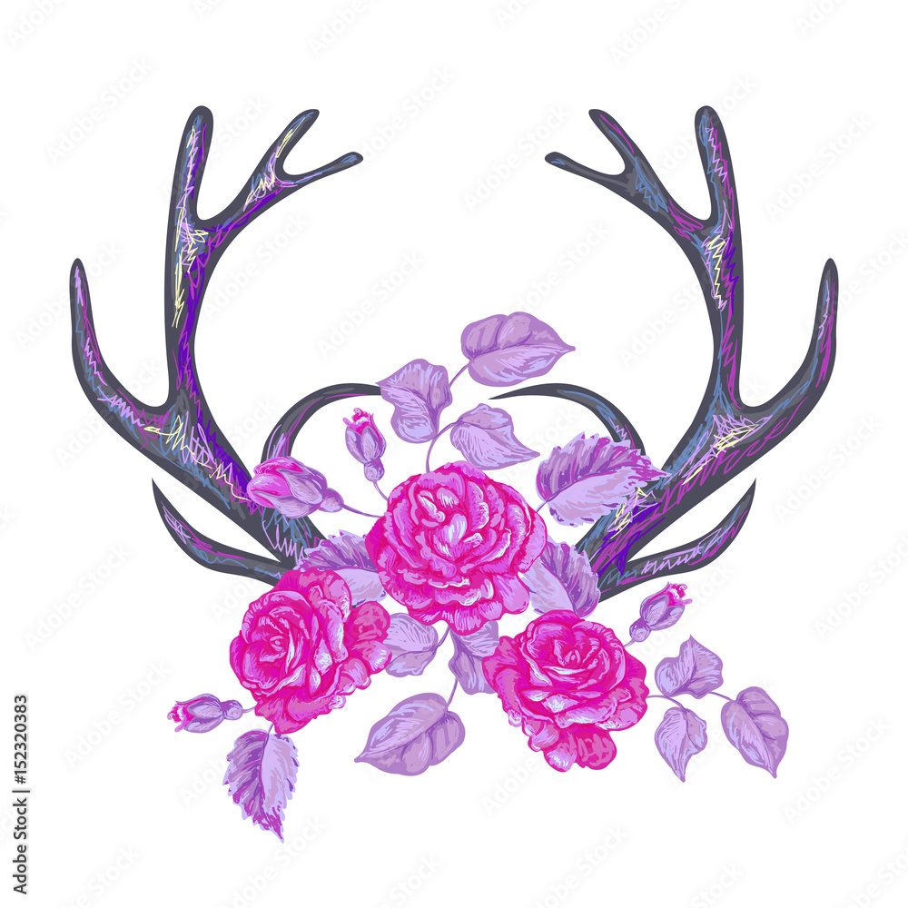 Horns with rose flowers. Design element with deer antlers and roses on ...