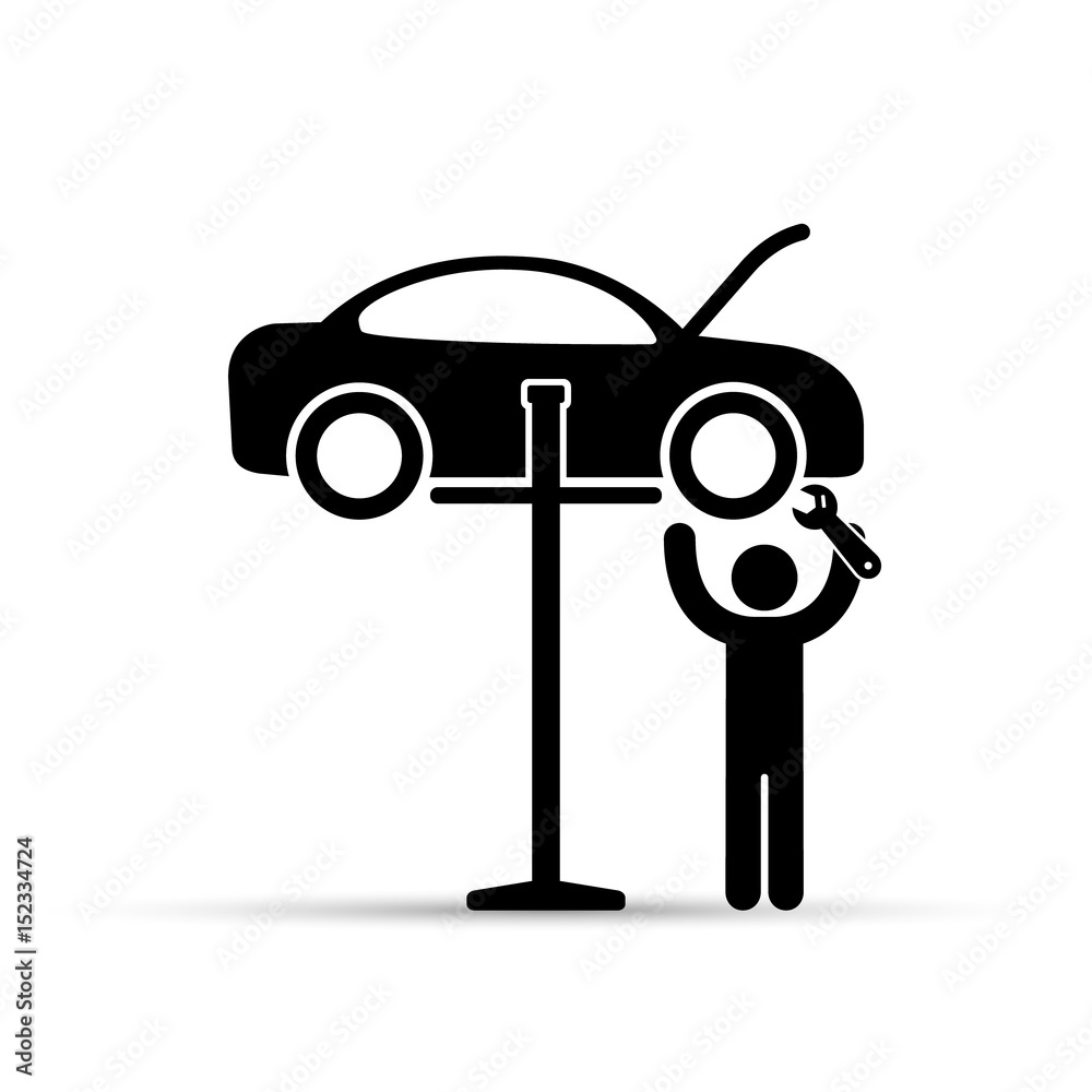 Car on lift and mechanic silhouette icon, vector. Car service repair ...