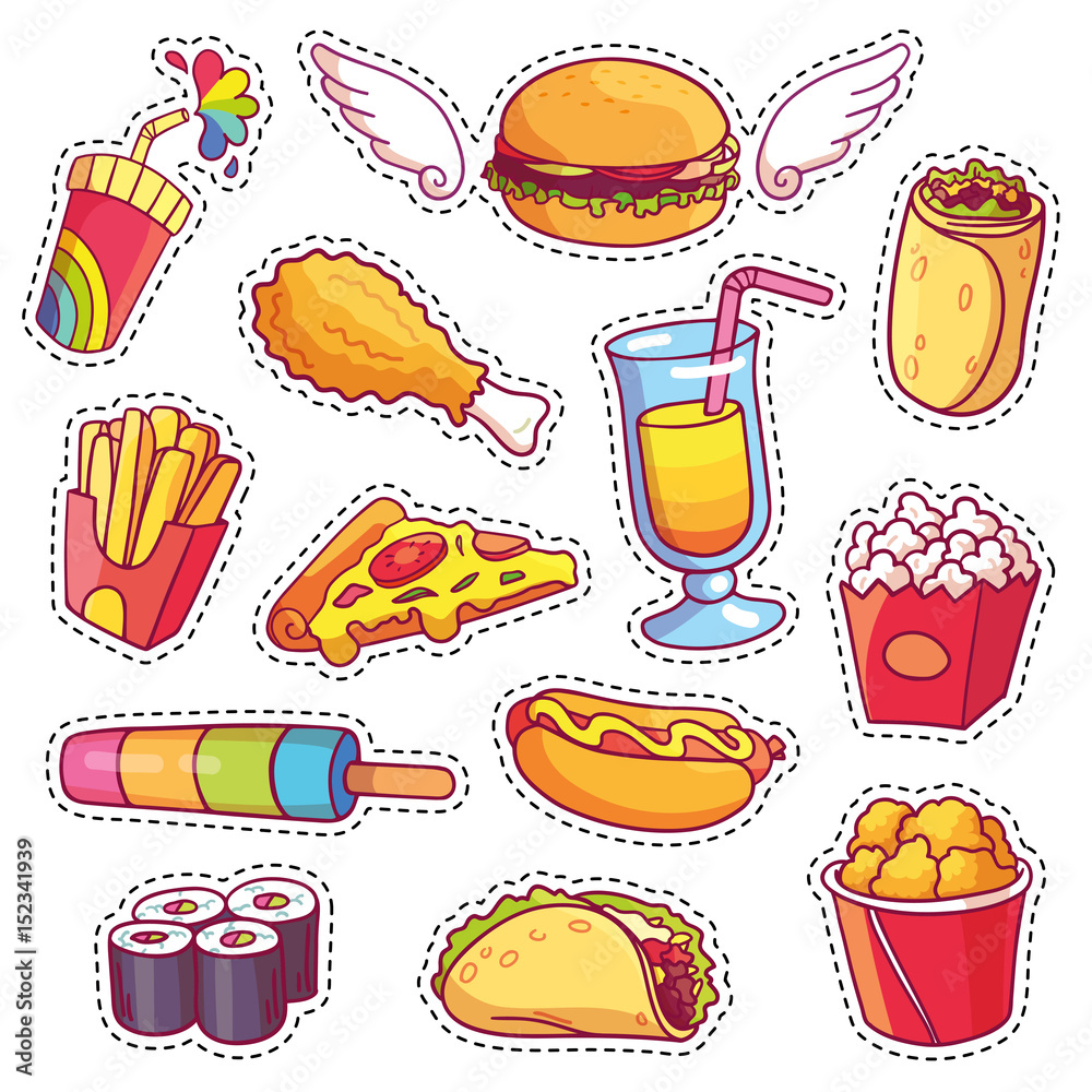 Cool cartoon set of fast food patch badges in pop art style. Vector ...