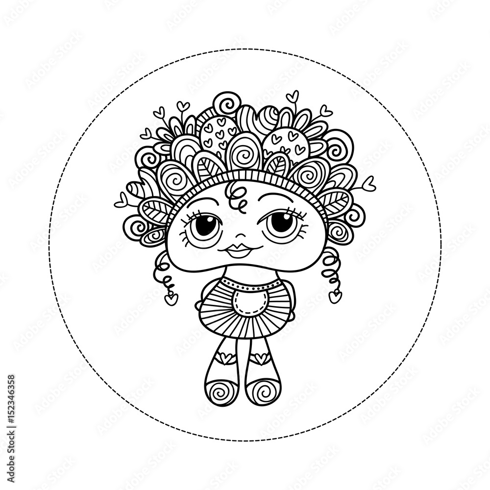 Cute and fun doodle doll vector illustration with hearts, curls ...