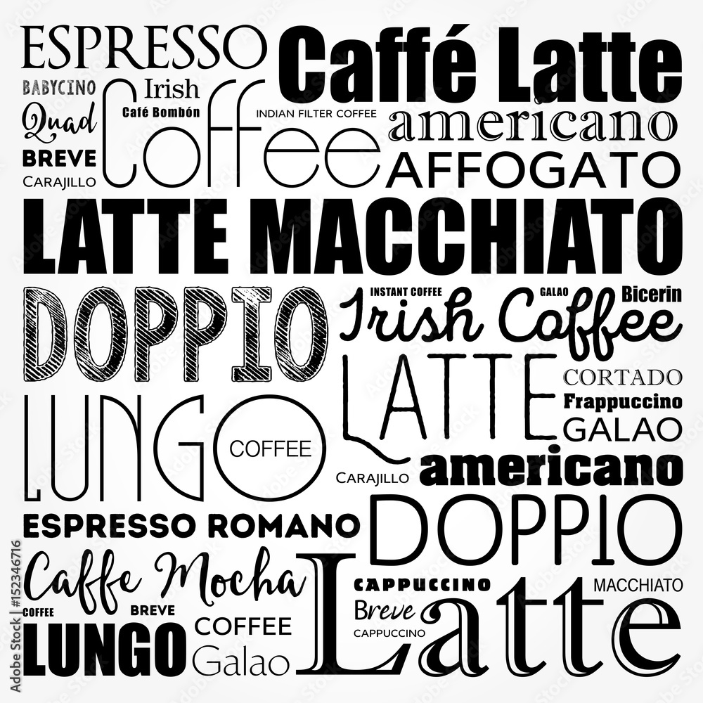 List of coffee drinks words cloud collage, poster background Stock ...
