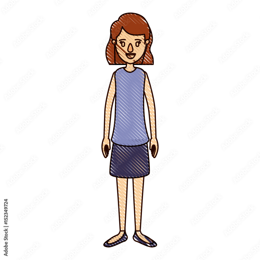 Color Crayon Stripe Cartoon Full Body Woman With Short Hair In Skirt Vector Illustration Stock