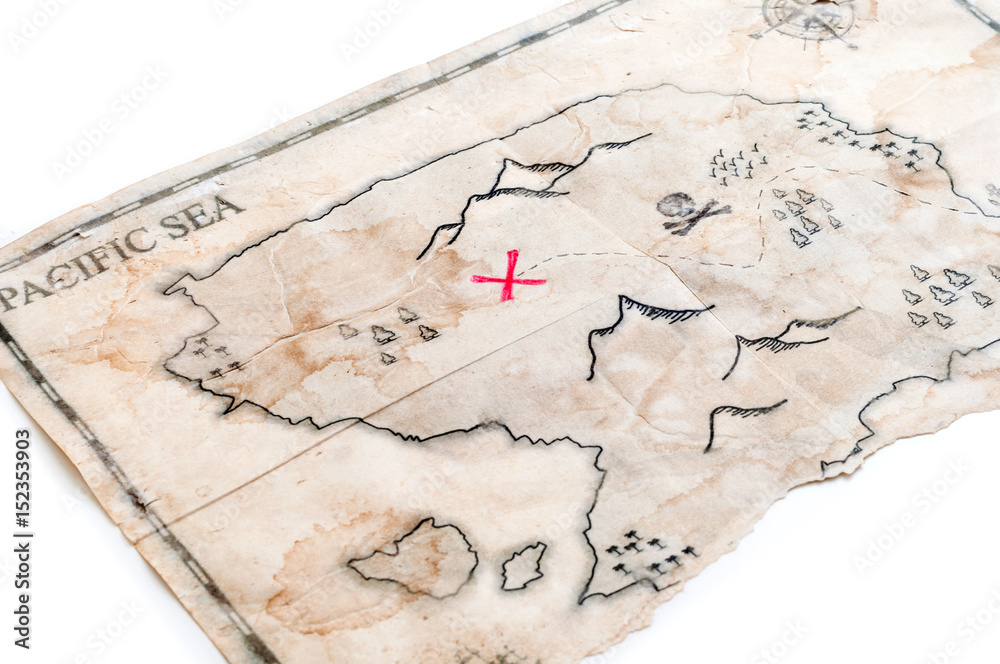 Closeup to fake treasure map with red cross of Pirates Chest Stock ...