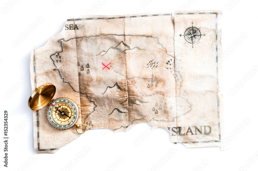 Folded vintage map of fake island with Pirates Treasure chest and ...